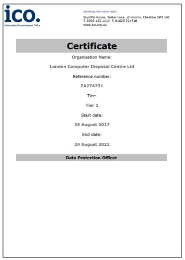CERTIFICATES | London Computer Disposal